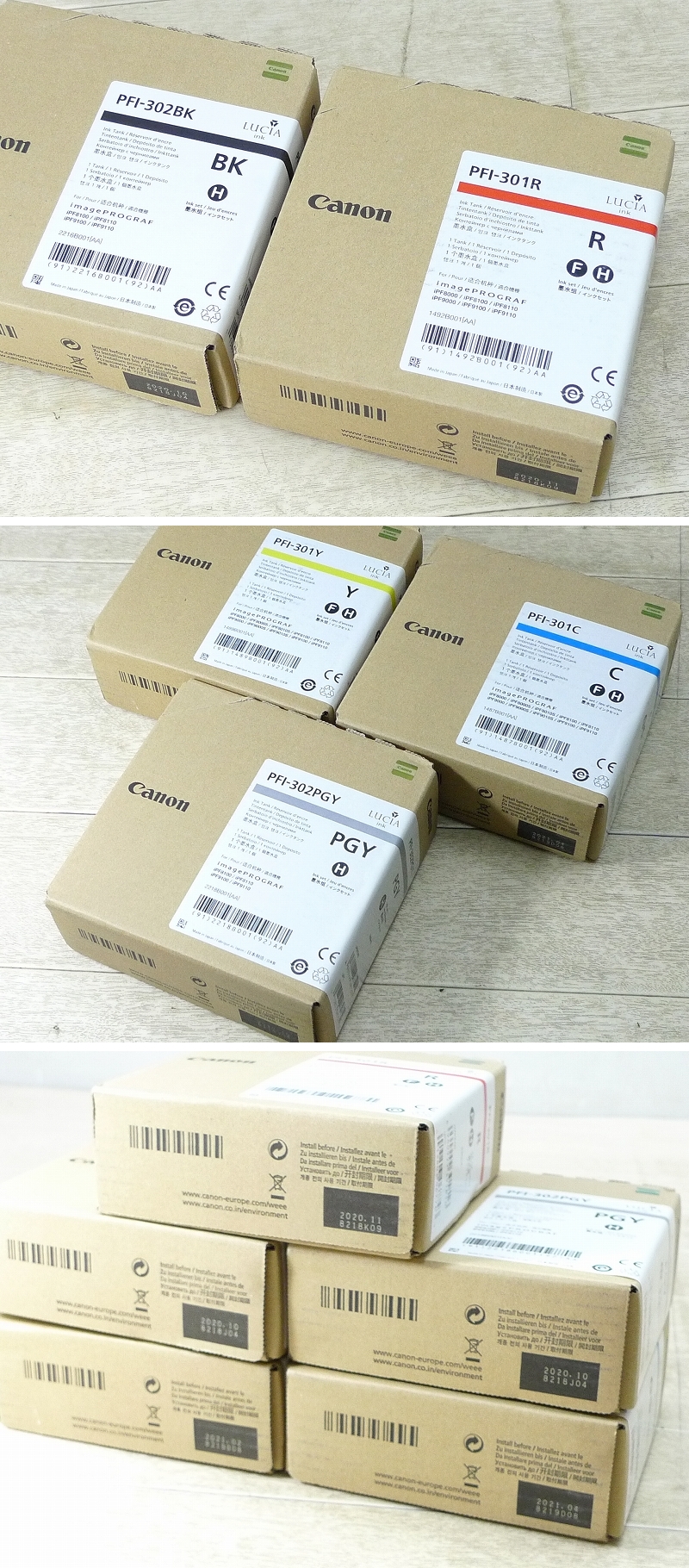 602038*3 未開封 Canon キャノン 大判プリンタインクカートリッジ5点まとめて PFI-/302BK/301R/302PGY/PFL-301Y/301C(新品)のヤフオク落札情報
